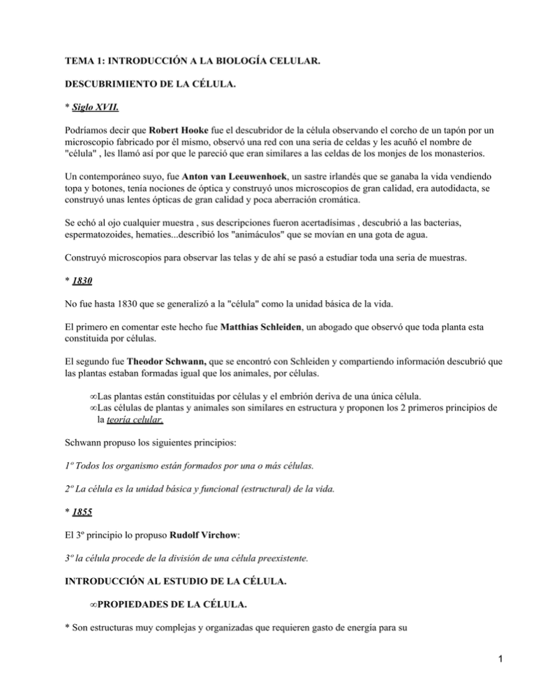 TEMA 1: INTRODUCCIÓN A LA BIOLOGÍA CELULAR. DESCUBRIMIENTO DE LA CÉLULA.