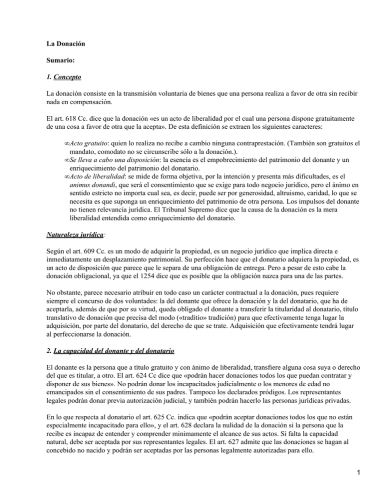 La Donación Sumario: 1. Concepto