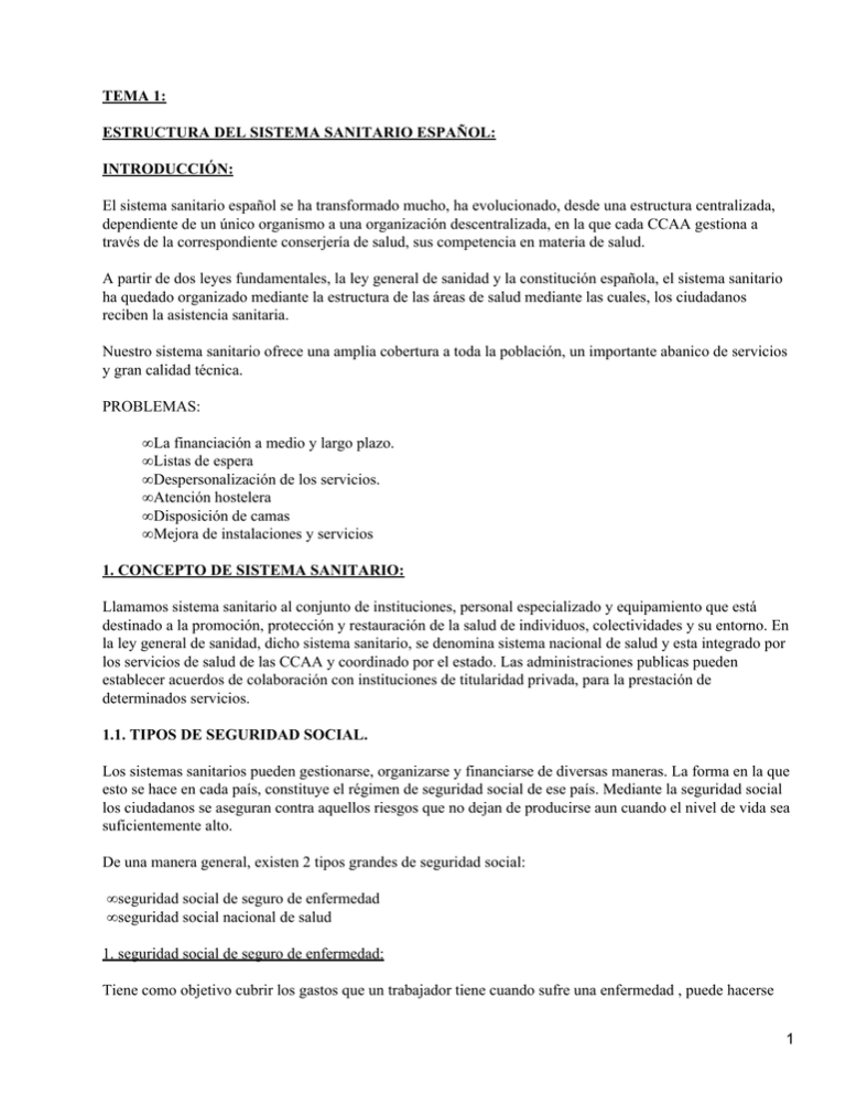 TEMA 1: ESTRUCTURA DEL SISTEMA SANITARIO ESPAÑOL: INTRODUCCIÓN: