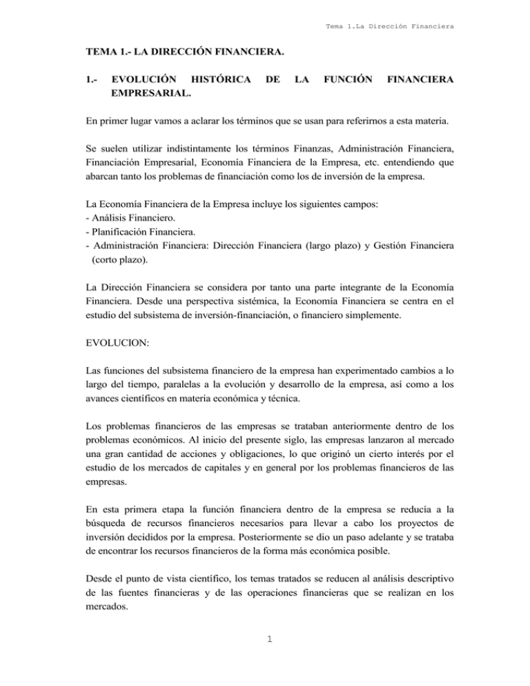 TEMA 1. LA DIRECCIÓN FINANCIERA.