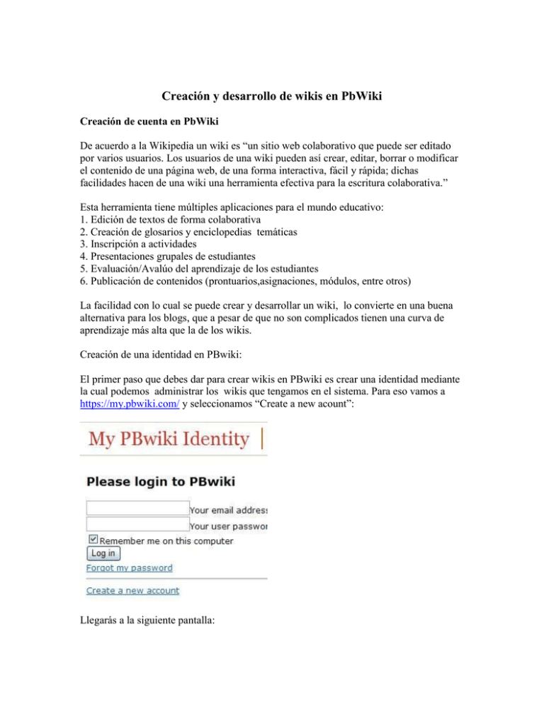 Instrucciones para crear una cuenta en PBwiki: