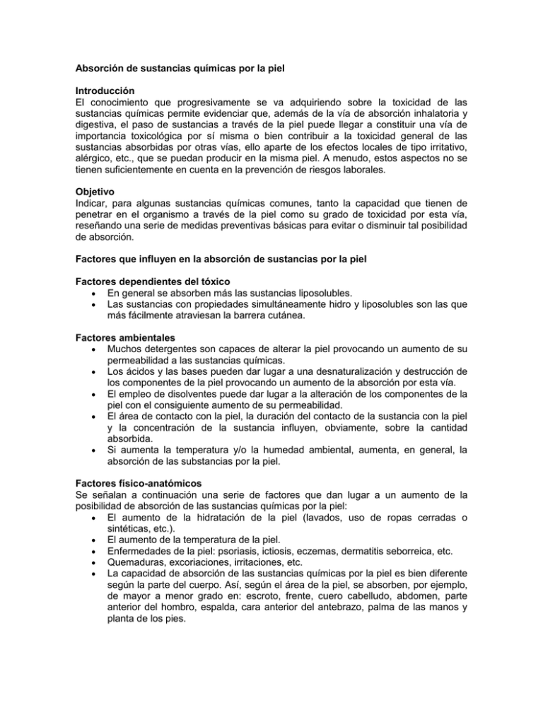 Absorción de sustancias químicas por la piel