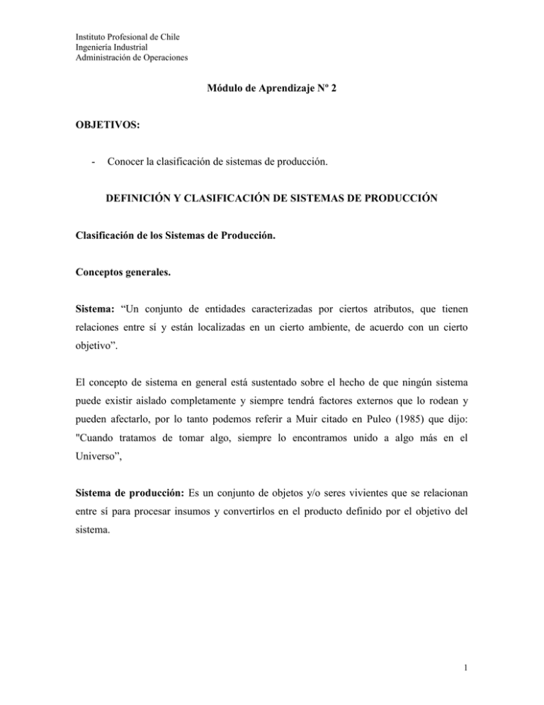 Definición y clasificación de Sistemas de Producción