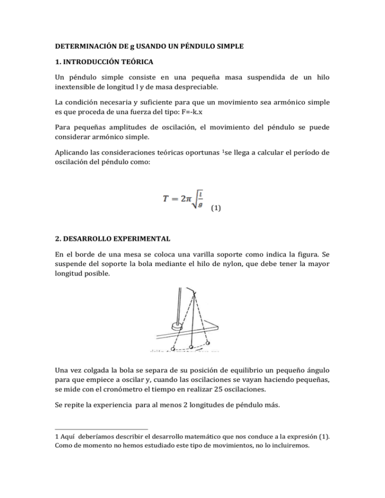 DETERMINACIÓN DE g USANDO UN PÉNDULO SIMPLE
