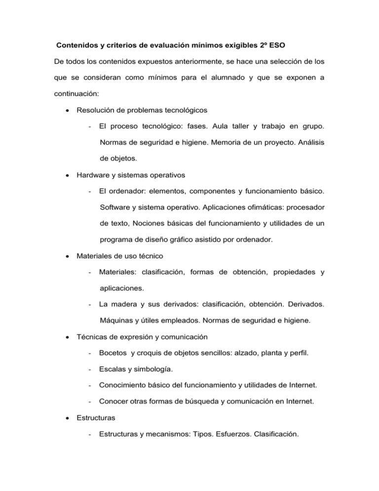 Contenidos y criterios de evaluación mínimos