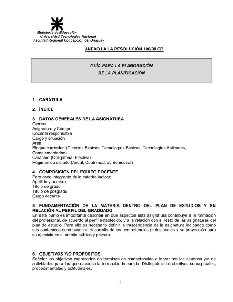 ANEXO I A LA RESOLUCIÓN 106/08 CD 1. CARÁTULA