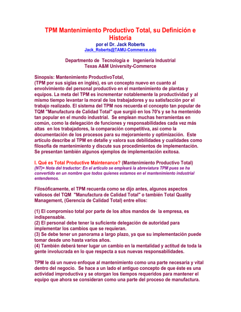 TPM Mantenimiento Productivo Total, su Definición e Historia