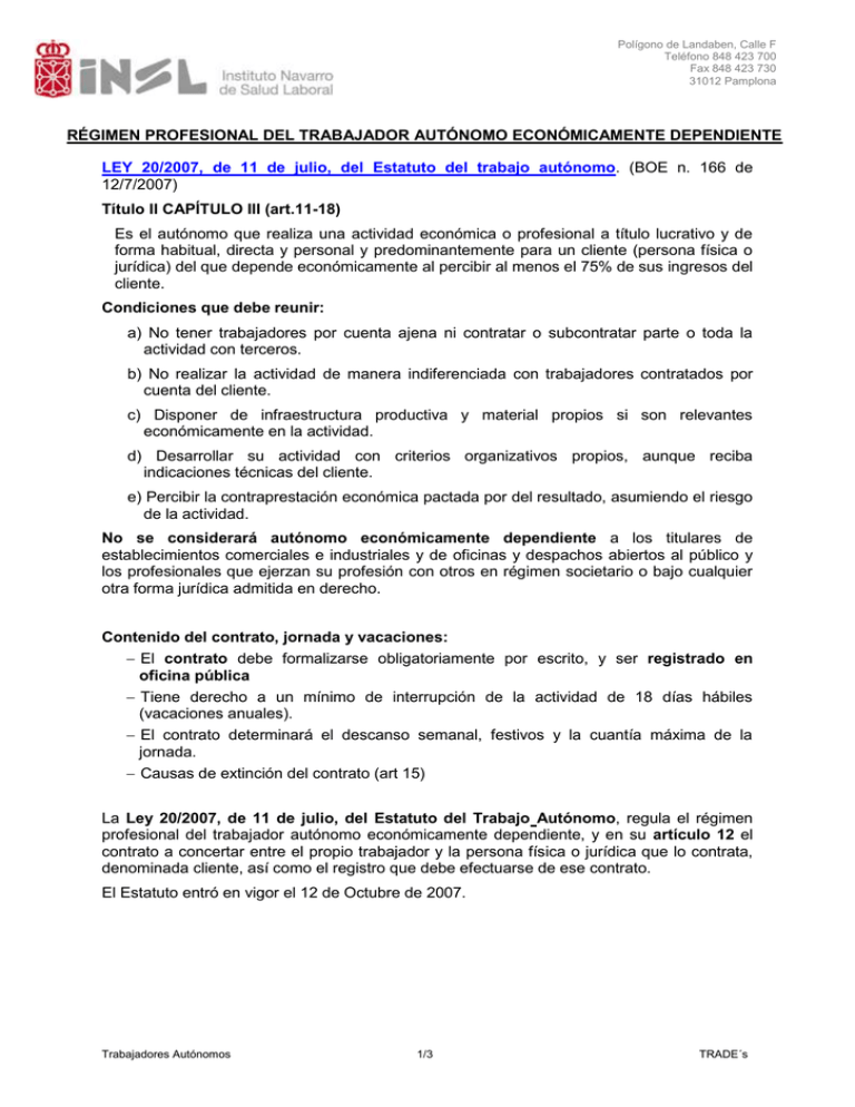 RÉgimen Profesional Del Trabajador AutÓnomo EconÓmicamente Dependiente