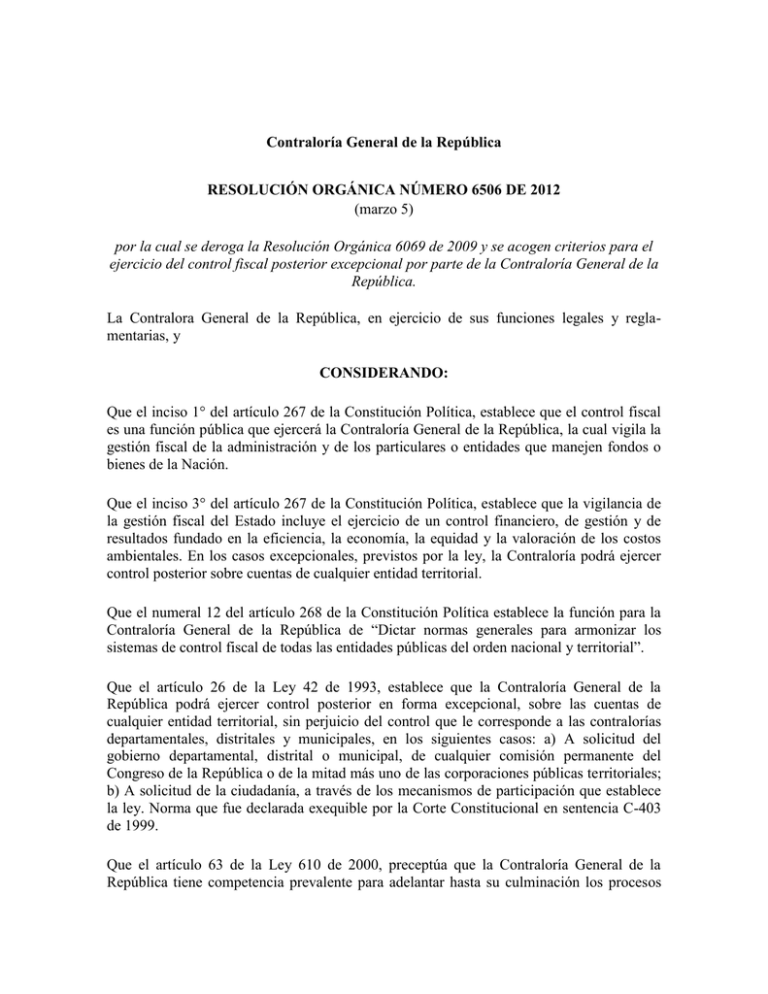 Contraloría General de la República RESOLUCIÓN ORGÁNICA