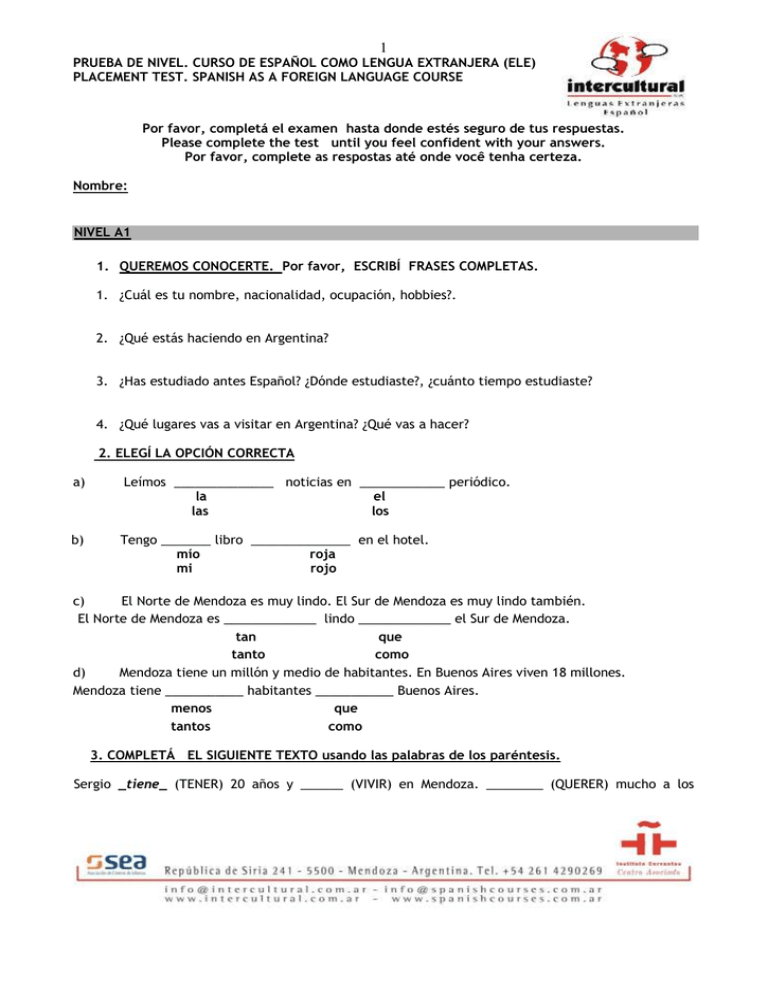 1 PRUEBA DE NIVEL. CURSO DE ESPAÑOL COMO LENGUA