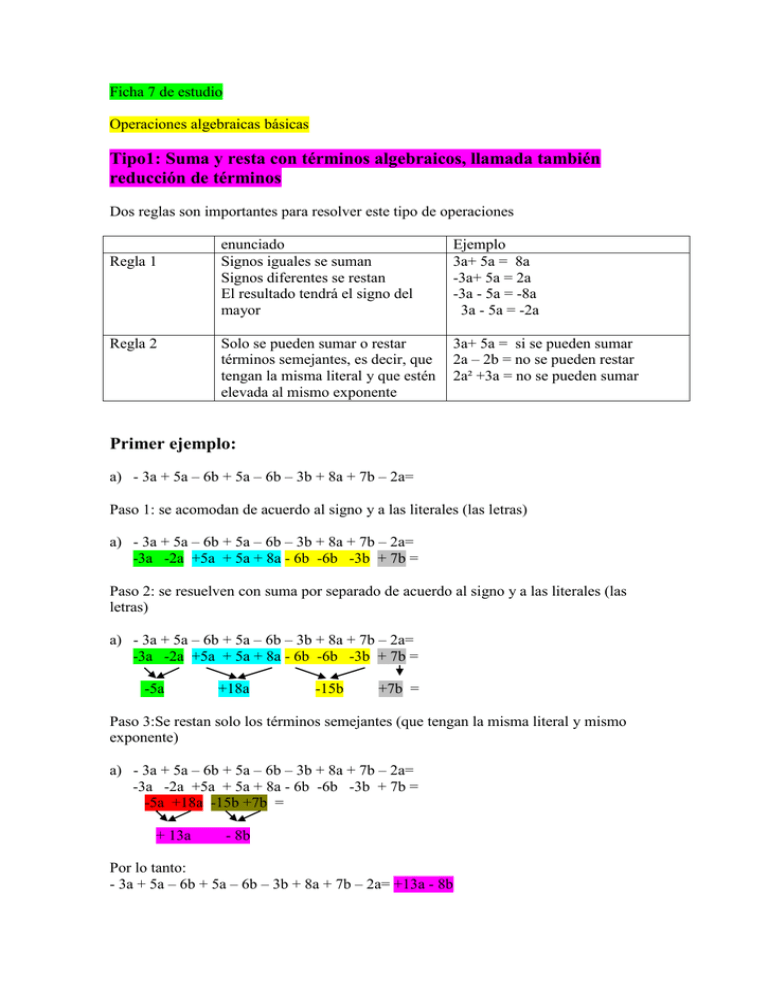 Ficha 8 operaciones algebráicas básicas (suma y resta)