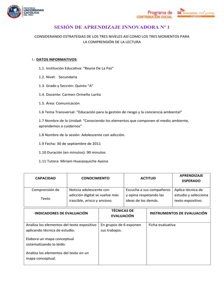 SESIÓN DE APRENDIZAJE INNOVADORA Nº 1