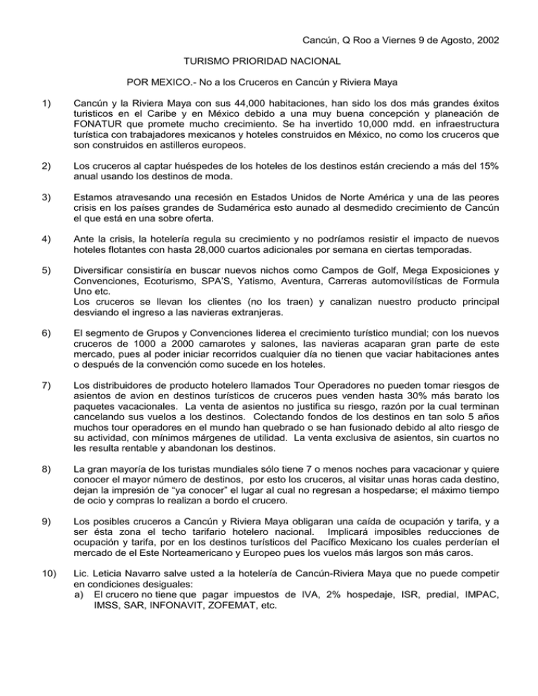 Carta a Secretaría de Turismo por Roberto Chapur