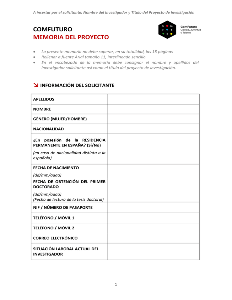 Descargar PLANTILLA MEMORIA DEL PROYECTO