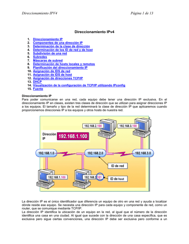 Direccionamiento IPV4 Página 1 de 13 Direccionamiento IPv4