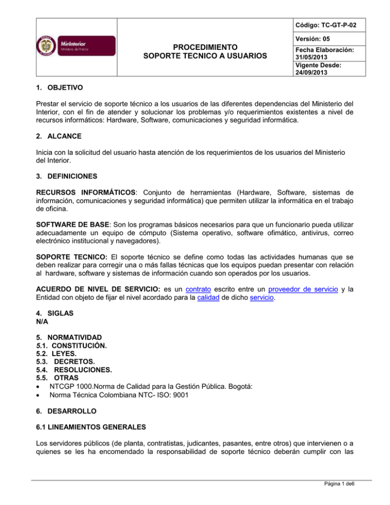 PROCEDIMIENTO SOPORTE TECNICO A USUARIOS