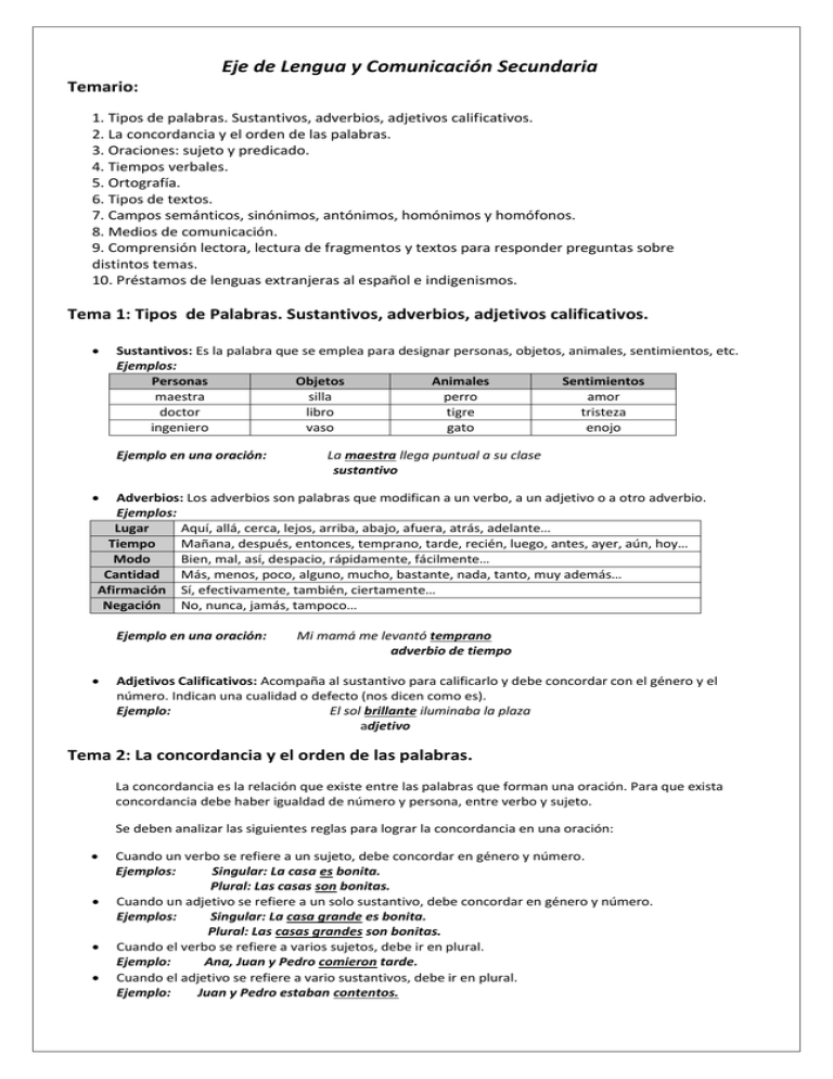 Eje de Lengua y Comunicación Secundaria Temario: