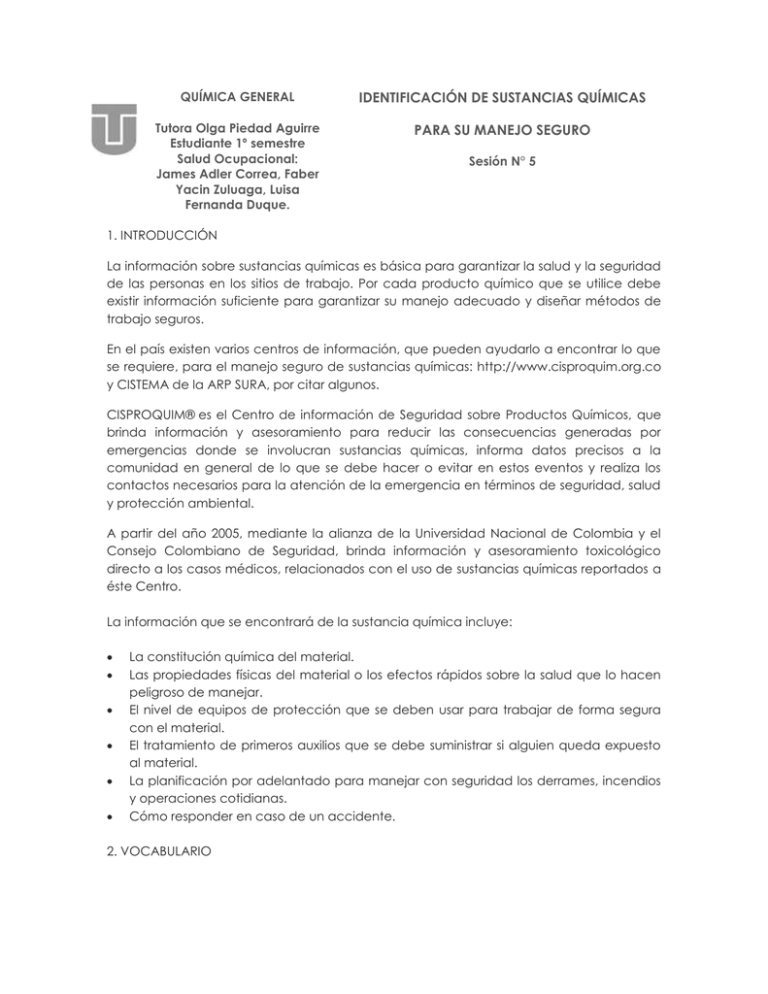 IDENTIFICACIÓN DE SUSTANCIAS QUÍMICAS PARA SU MANEJO SEGURO