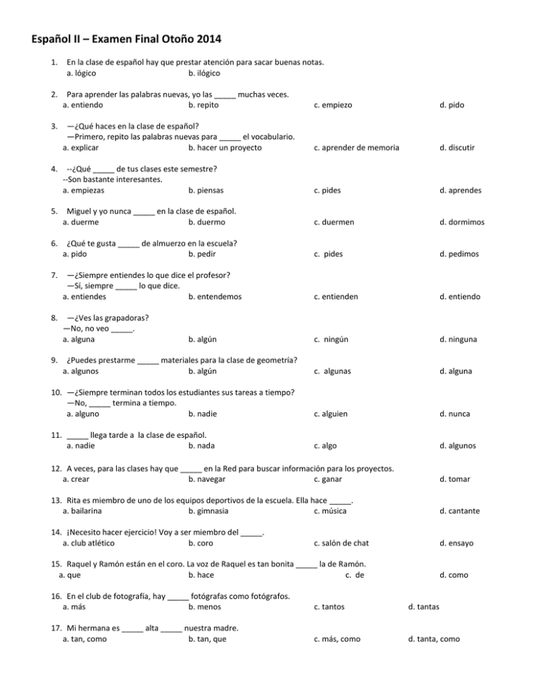 Español II – Examen Final Otoño 2014