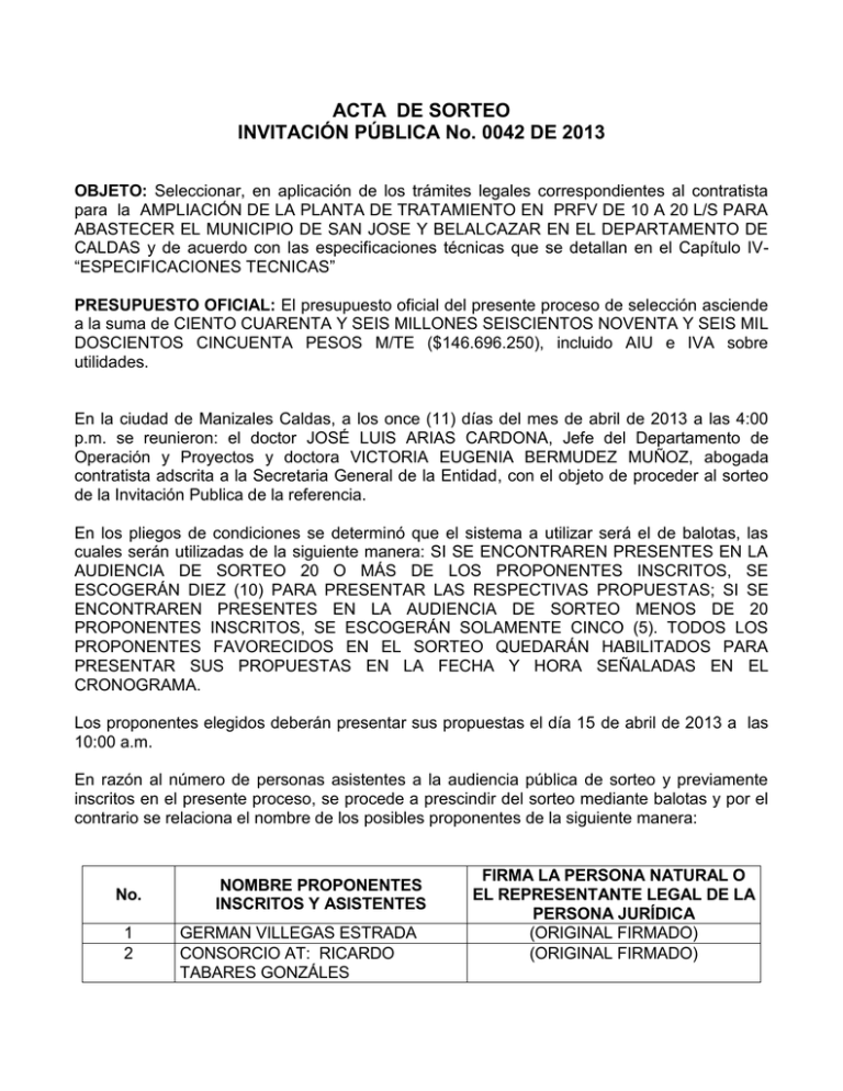 ACTA DE SORTEO INVITACIÓN PÚBLICA No. 0042 DE 2013