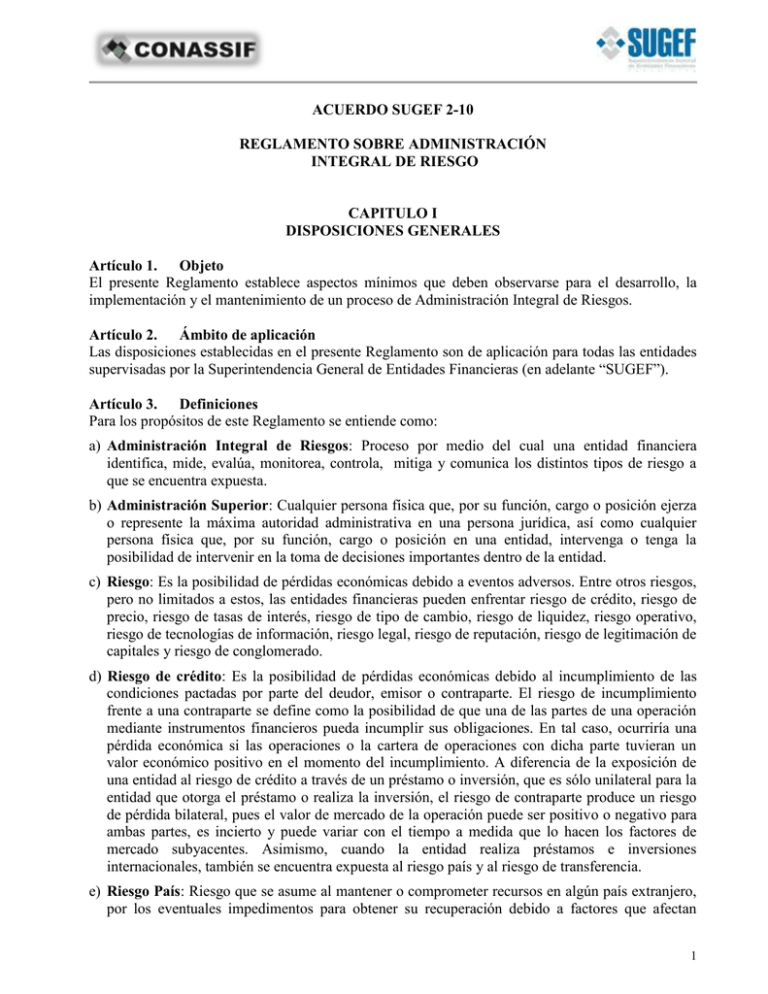 ACUERDO SUGEF 2-10 REGLAMENTO SOBRE ADMINISTRACIÓN INTEGRAL DE RIESGO