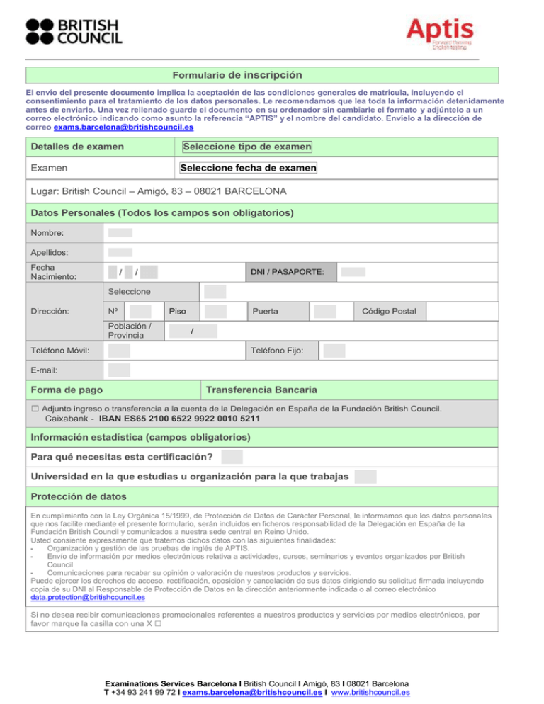 de inscripción Formulario