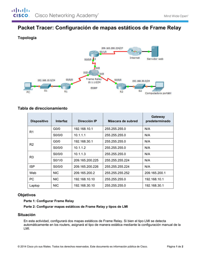 Packet Tracer: Configuración de mapas estáticos de Frame Relay (instrucciones)