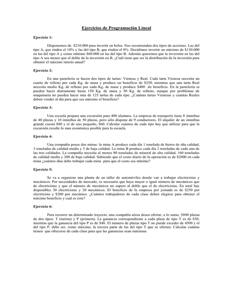 Ejercicios de Programación Lineal