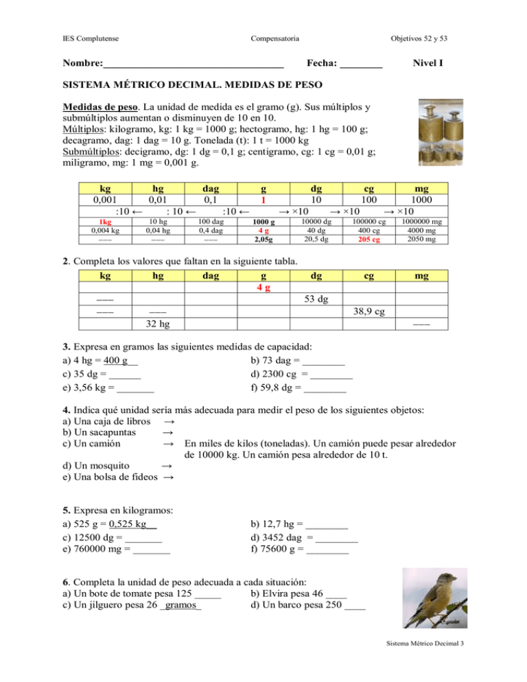 Sistema métrico decimal. Medidas de peso y de superficie.