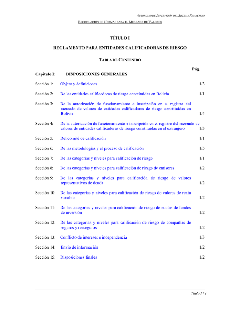 TÍTULO I REGLAMENTO PARA ENTIDADES CALIFICADORAS DE