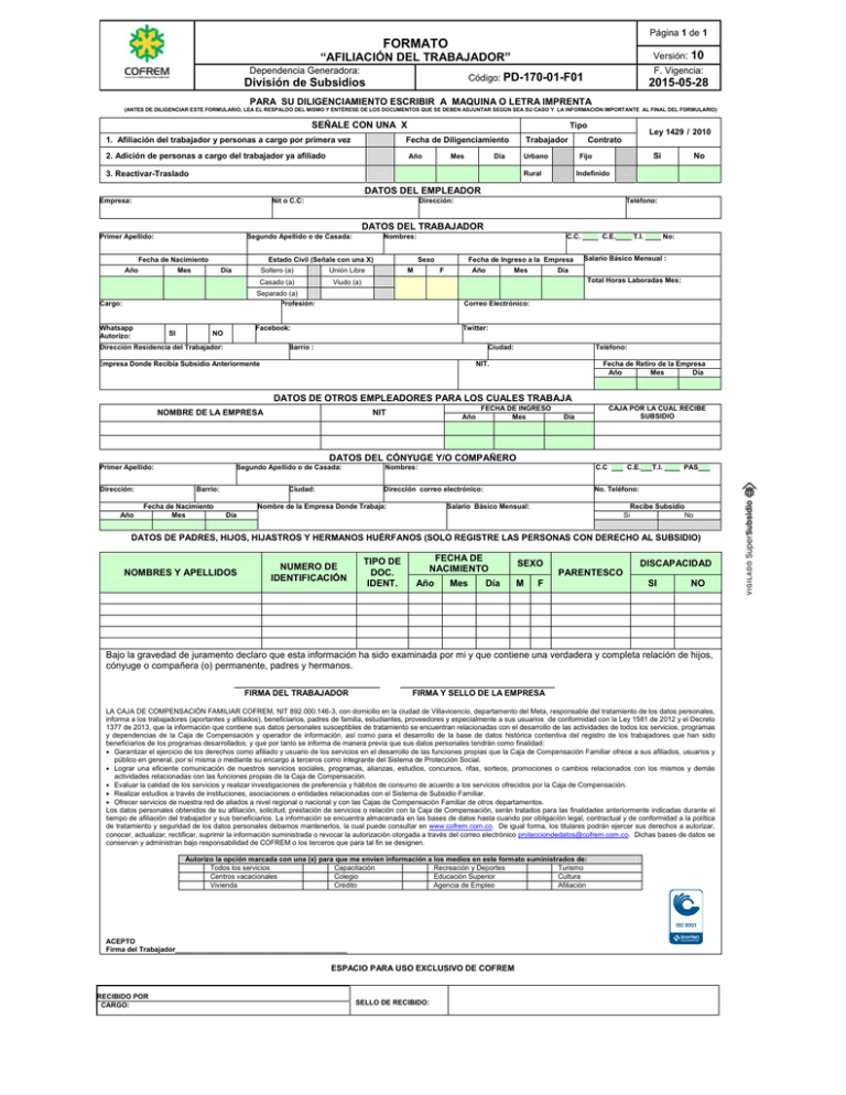 Formato Afiliación del trabajador