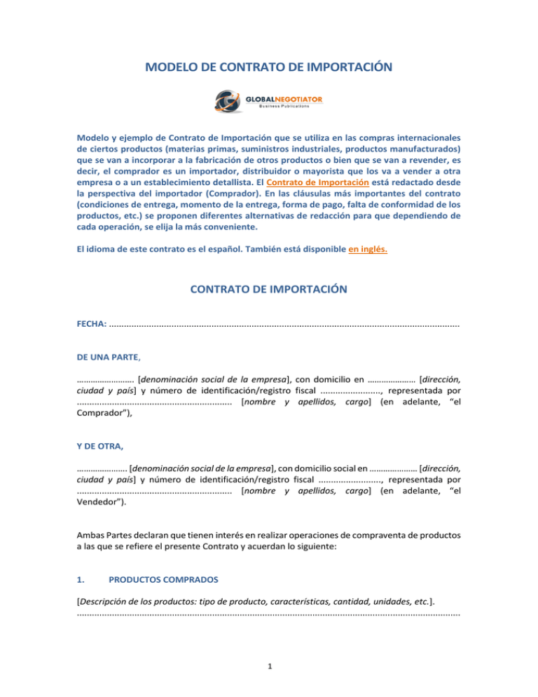 Modelo de Contrato de importación
