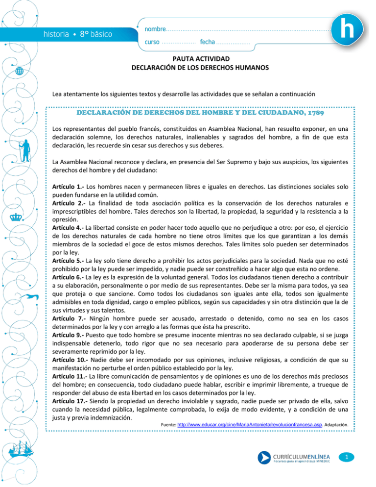 PAUTA ACTIVIDAD DECLARACIÓN DE LOS DERECHOS HUMANOS