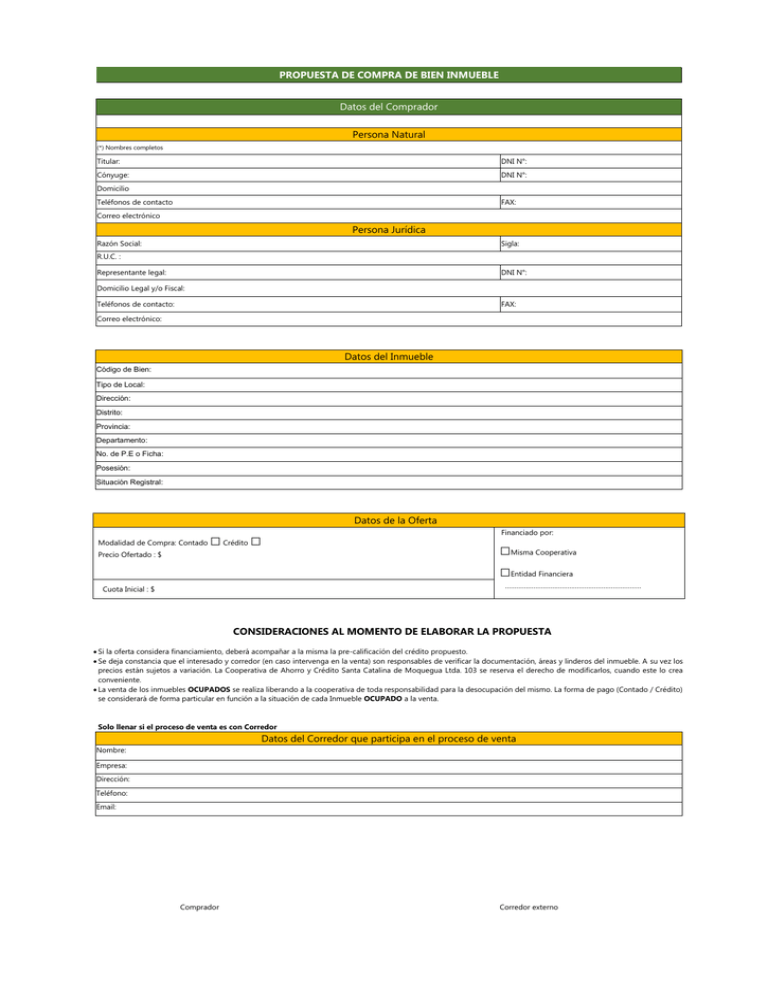 PROPUESTA DE COMPRA DE BIEN INMUEBLE
