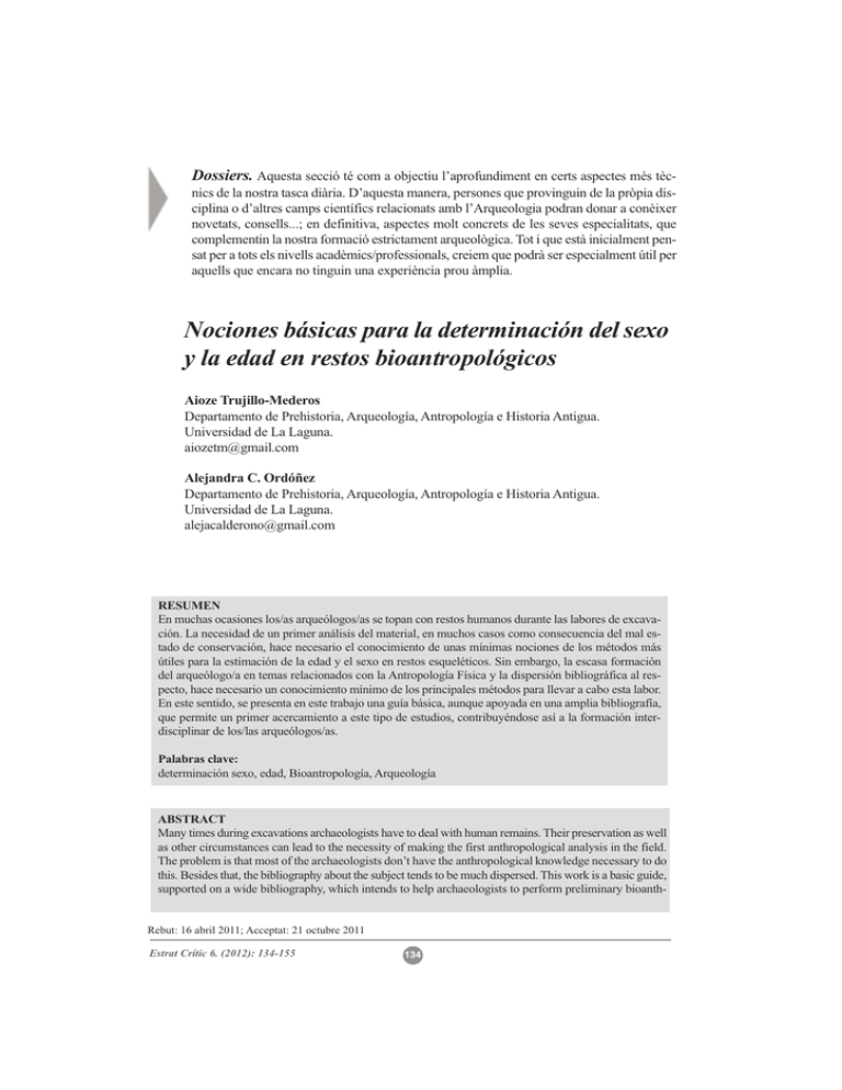 Nociones básicas para la determinación del sexo y la edad Nociones básicas para la determinación del sexo y la edad