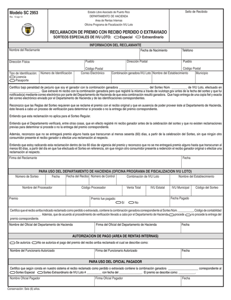 Modelo SC 2953 RECLAMACION DE PREMIO CON RECIBO