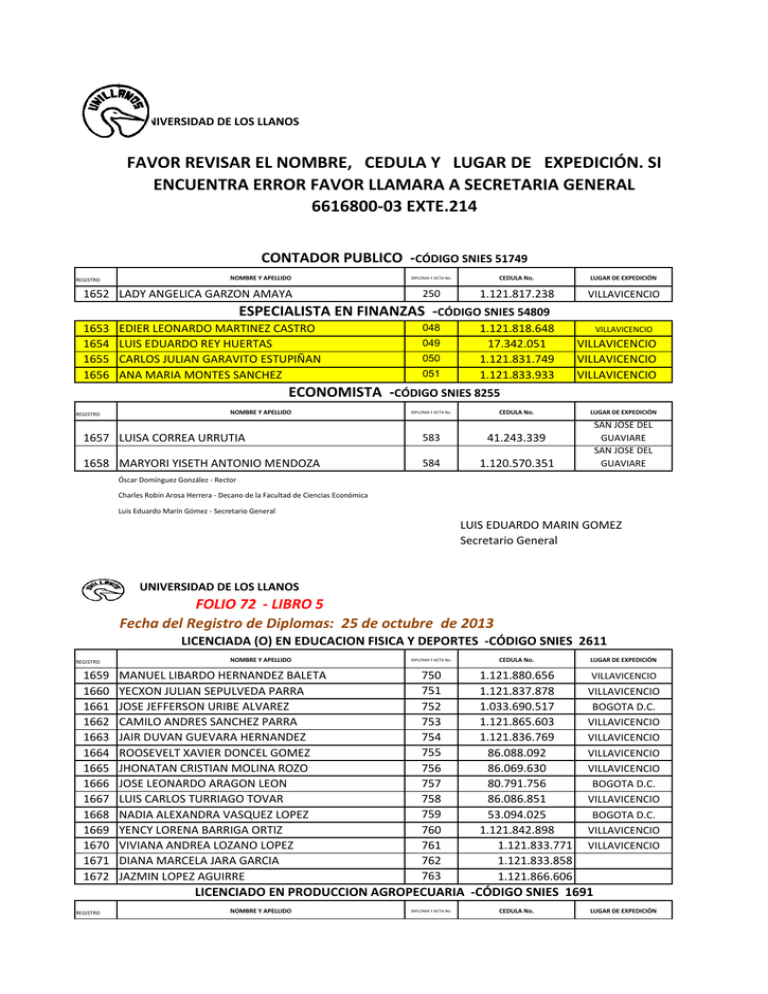 favor revisar el nombre, cedula y lugar de expedición. si encuentra