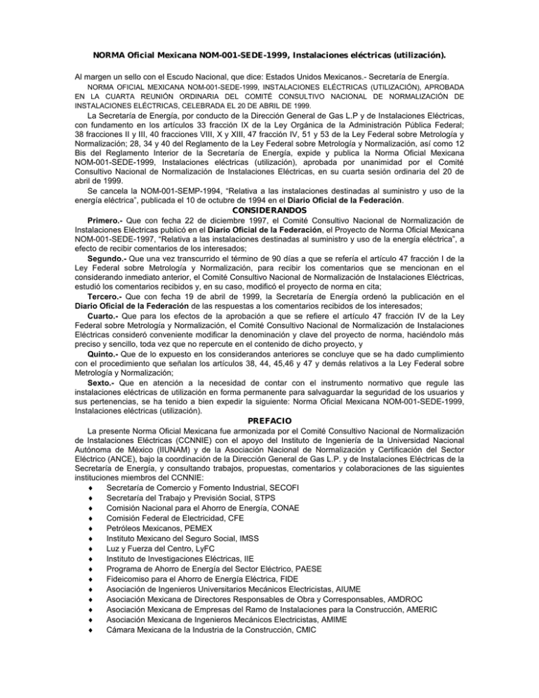 NORMA Oficial Mexicana NOM-001-SEDE-1999