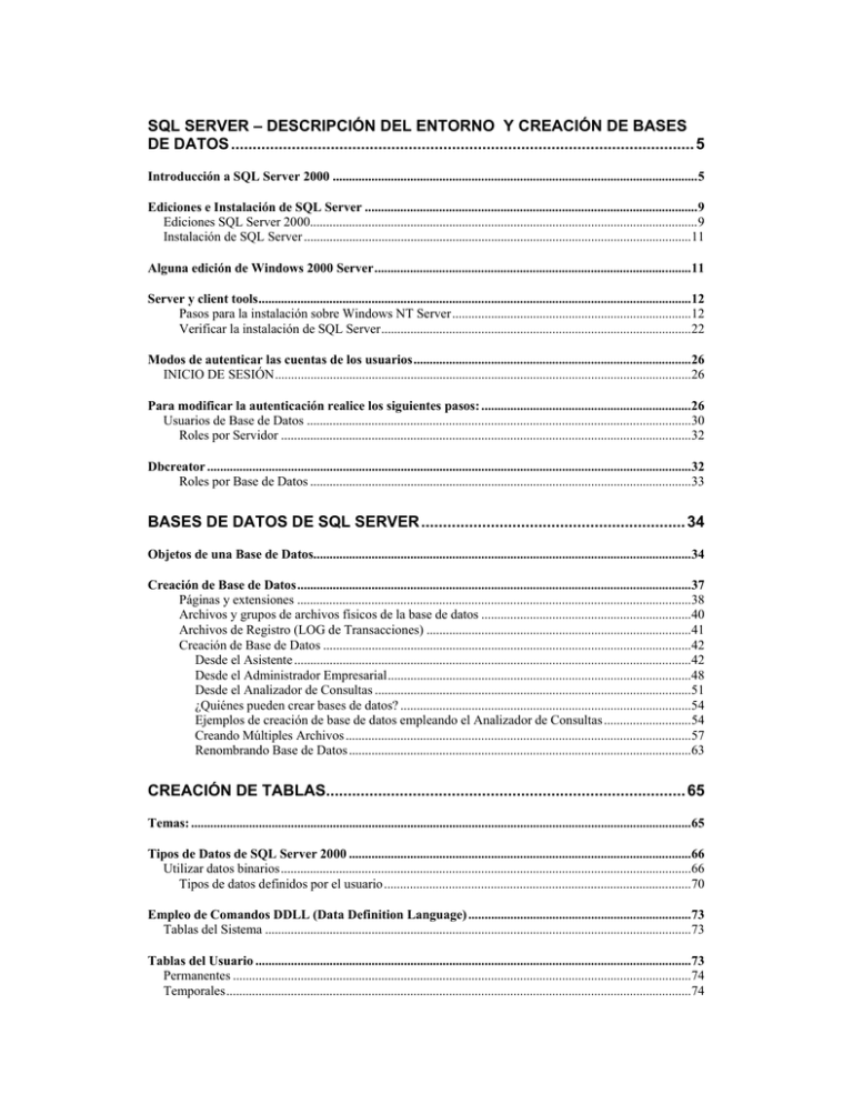 sql server – descripción del entorno y creación de bases