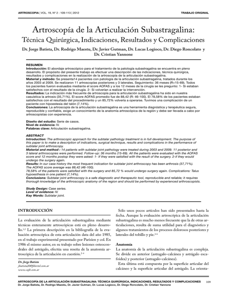 Artroscopía de la Articulación Subastragalina