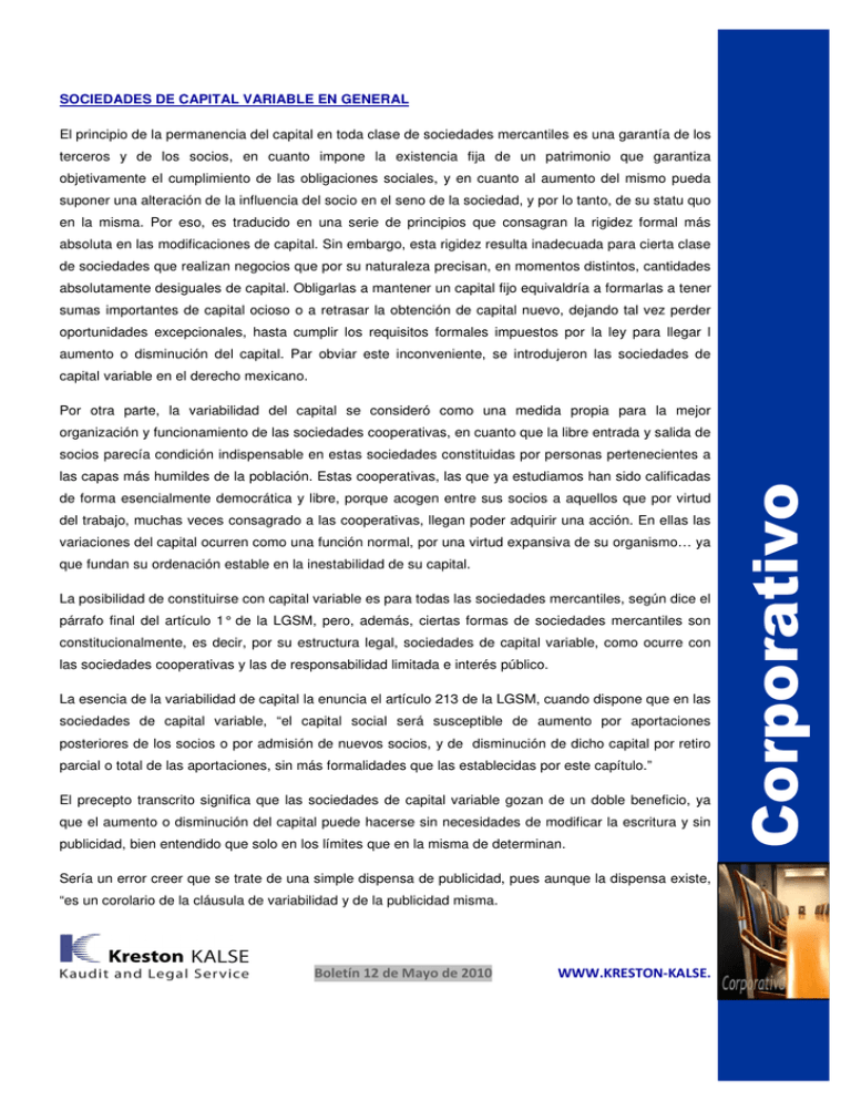 SOCIEDADES DE CAPITAL VARIABLE EN GENERAL