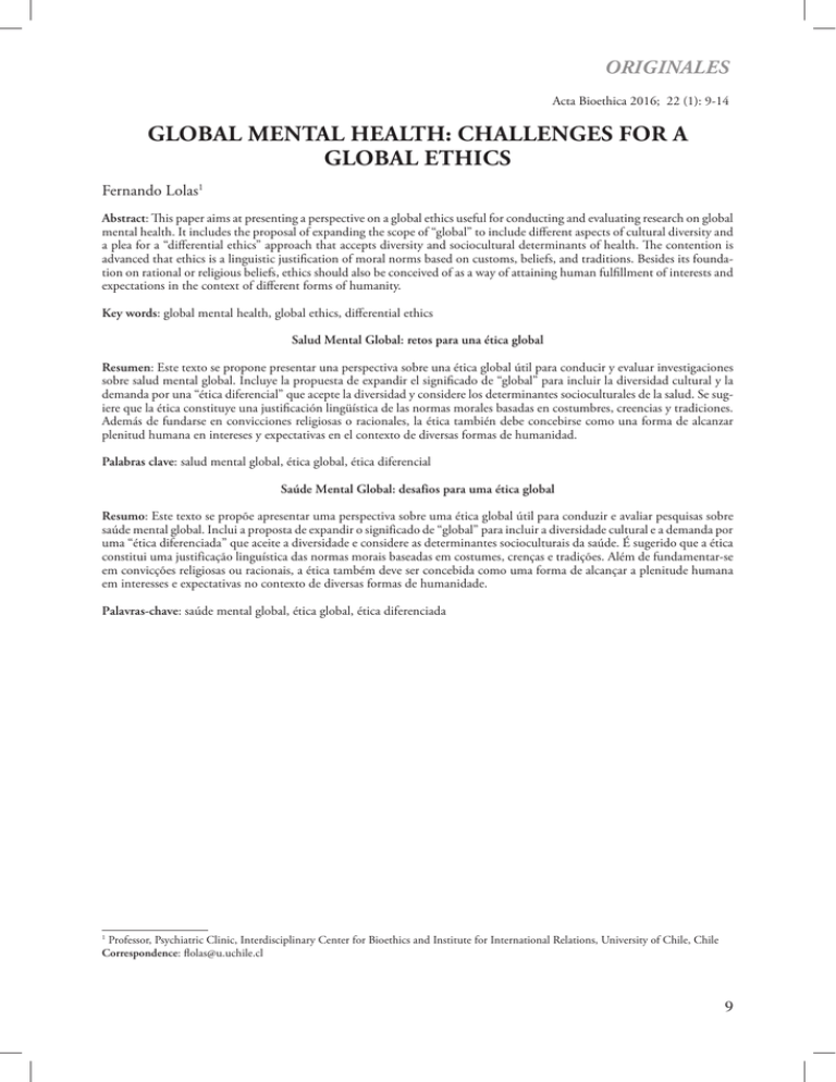 global mental health: challenges for a global ethics