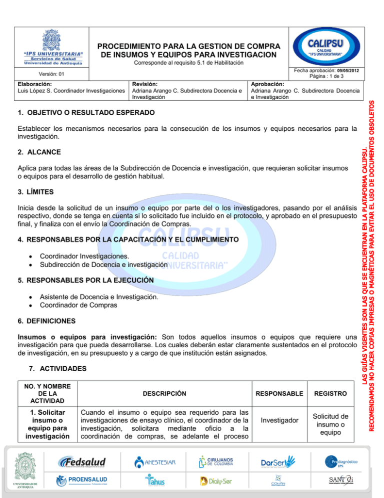 procedimiento para la gestion de compra de insumos y equipos