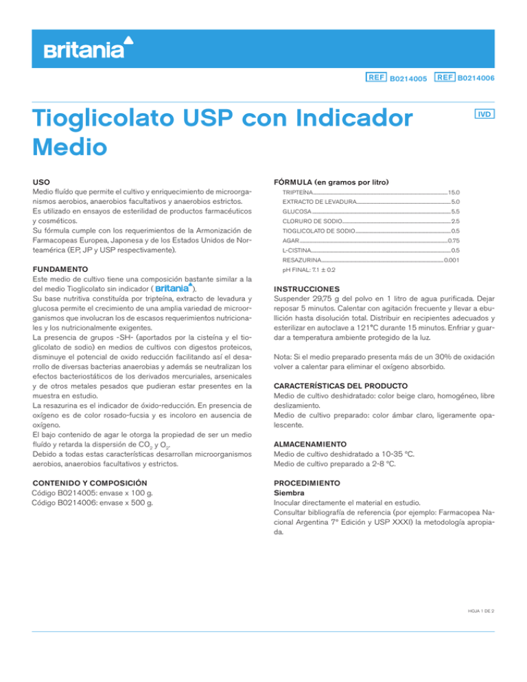 Tioglicolato USP con Indicador Medio