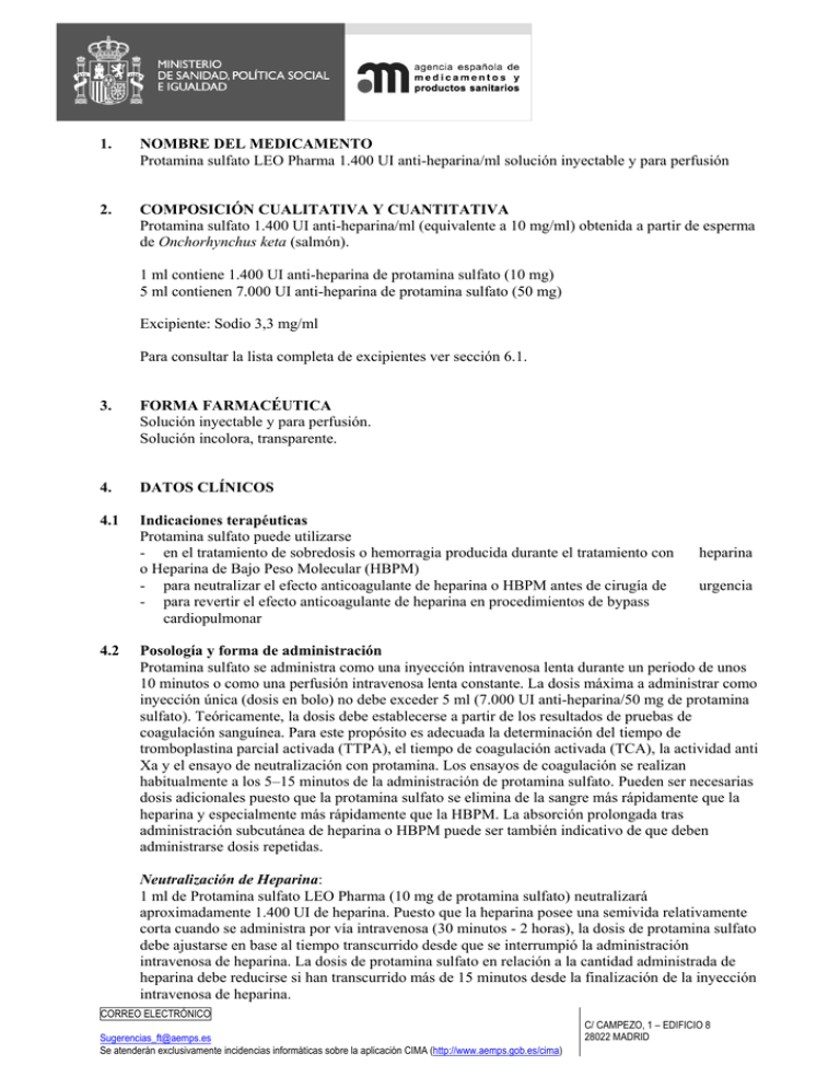 FICHA TÉCNICA PROTAMINA SULFATO LEO PHARMA 1.400 UI