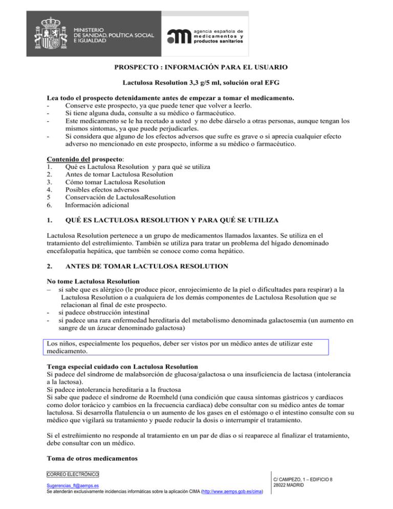 PROSPECTO LACTULOSA RESOLUTION 3,3 g/5 ml SOLUCION