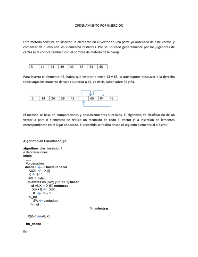 ORDENAMIENTO POR INSERCION Este metodo consiste en ORDENAMIENTO POR INSERCION Este metodo consiste en