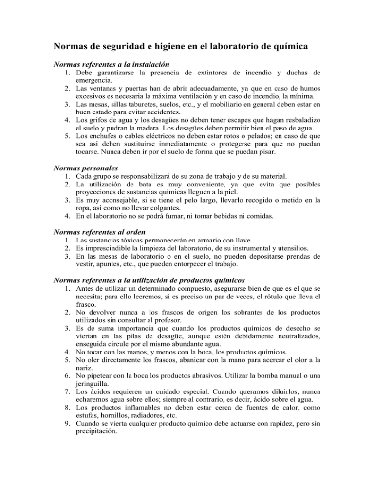 Normas de seguridad e higiene en el laboratorio de química