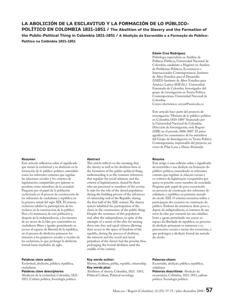 la abolición de la esclavitud y la formación de lo público