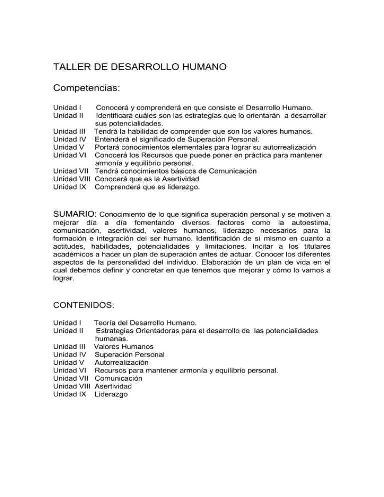 TALLER DE DESARROLLO HUMANO Competencias